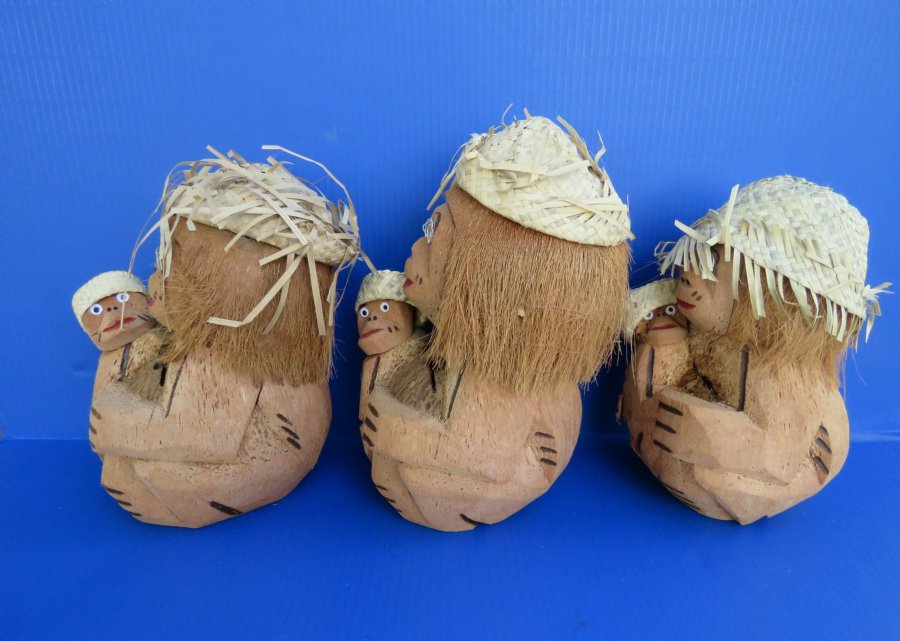 Carved Coconut Monkey Mom and Child Novelty